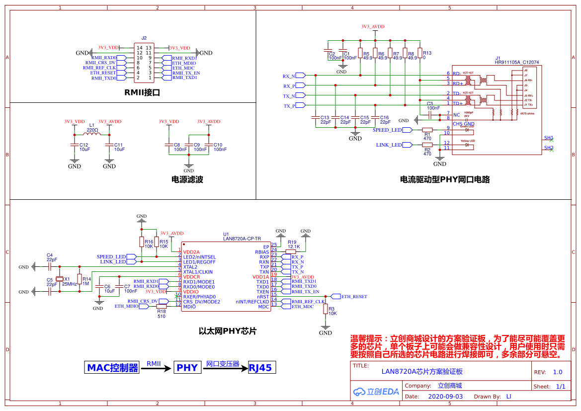 C782307_LCYZB-LAN8720A芯片验证板-V1 - 嘉立创EDA开源硬件平台