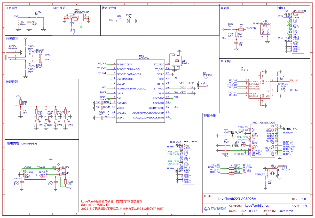 223 - 集成读卡MP3,AC6925A与GL827L - 嘉立创EDA开源硬件平台